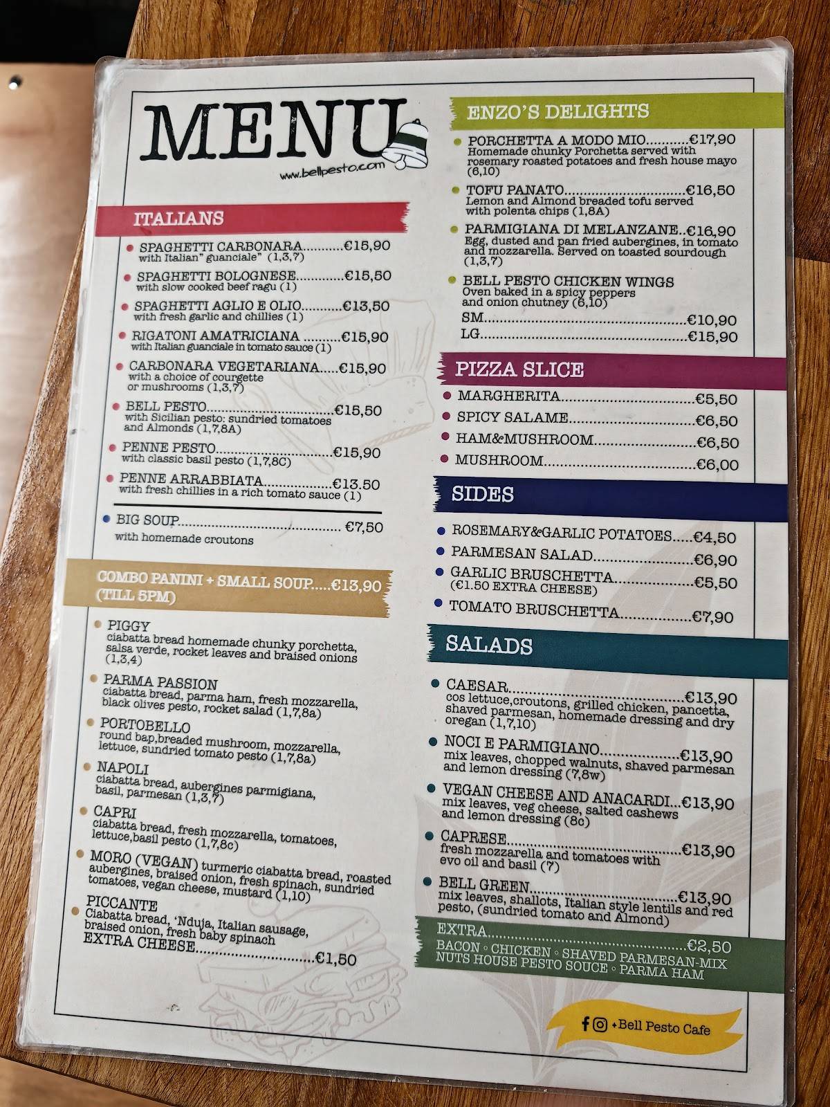 Menu at Bell Pesto Café restaurant, Dublin