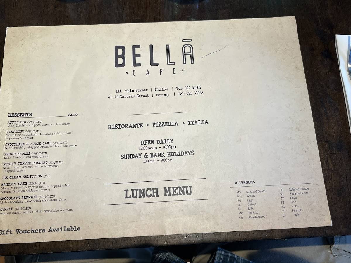Menu at Bella Cafe Mallow, Mallow, 111 Thomas Davis St