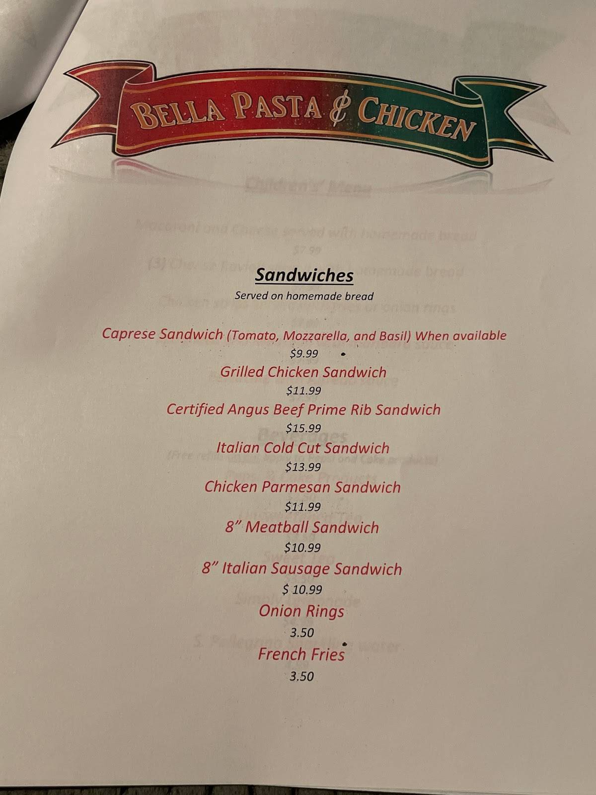 Menu at Bella Pasta & Seafood restaurant, Pueblo West