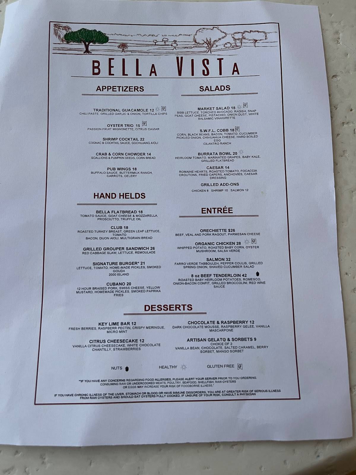 Menu at Bella Vista Lounge restaurant, Naples, Tiburon Dr