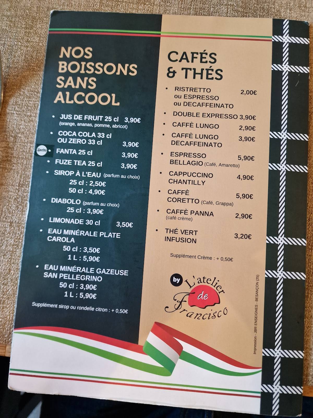 Carta del restaurante Bellagio, Besanzon
