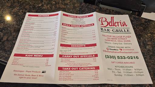 Menu at Belleria Pizza & Italian Restaurant Canfield, Canfield, 584 E ...
