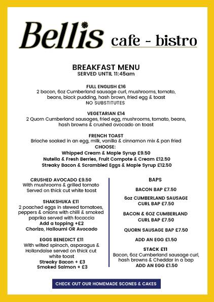 Menu at Bellis Cafe & Bistro, Ambleside