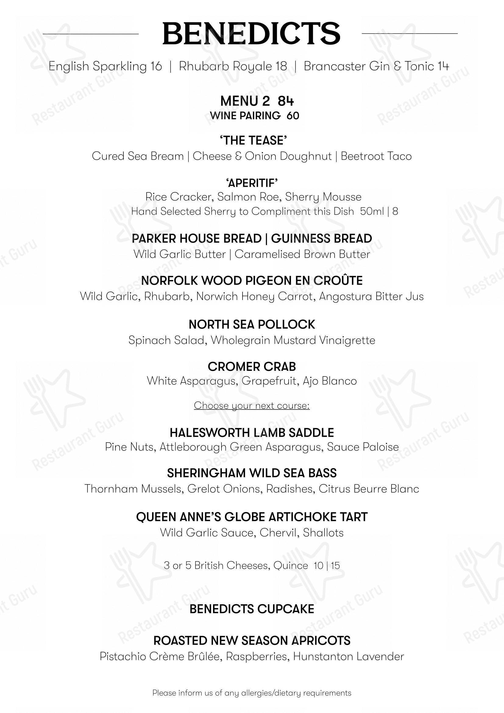Menu at Benedicts restaurant, Norwich, 9 St Benedicts St