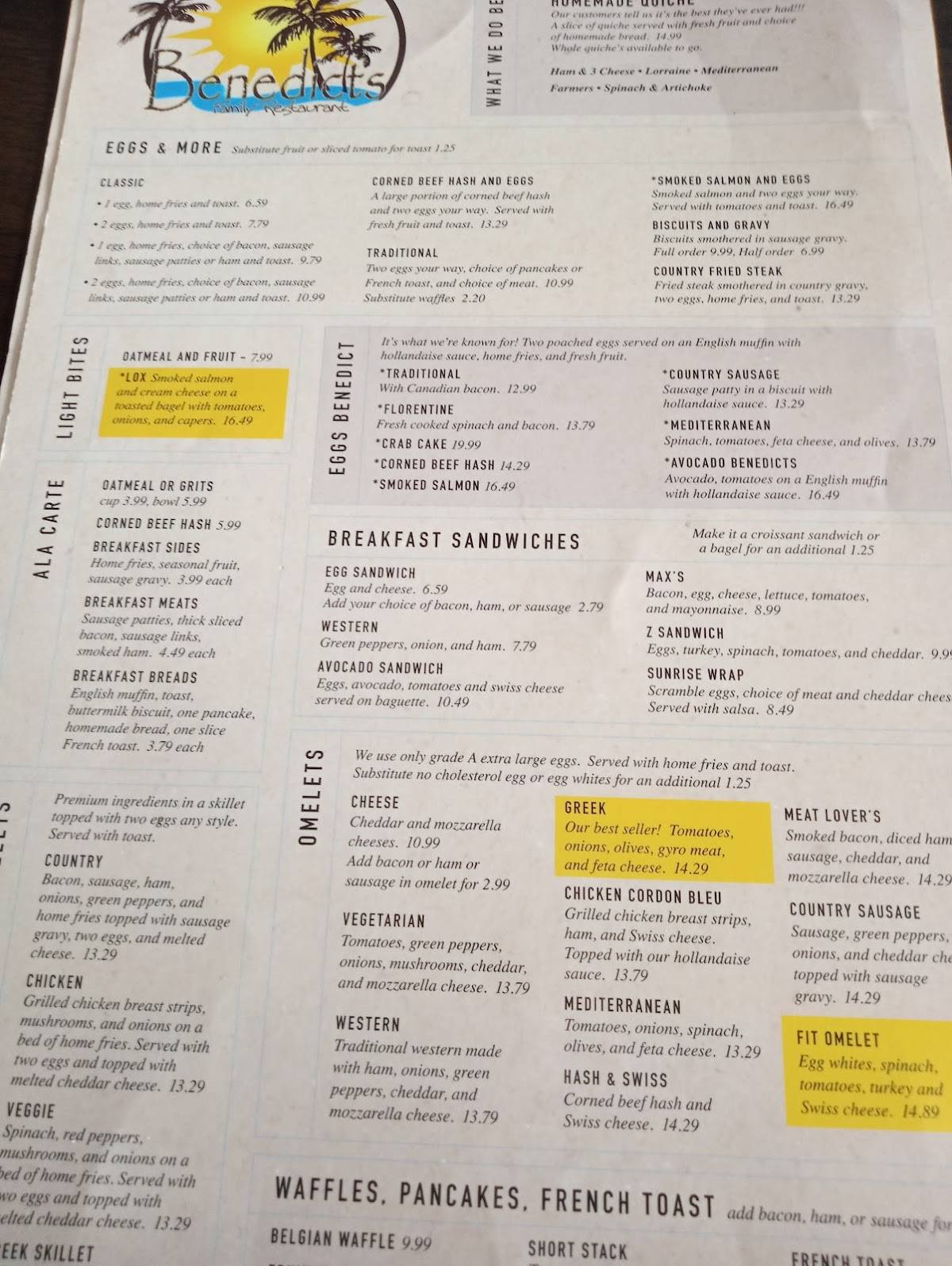 Menu at Benedict's Restaurant, Dunedin