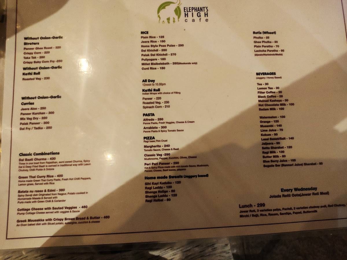 Menu at Elephant's High cafe, Bengaluru