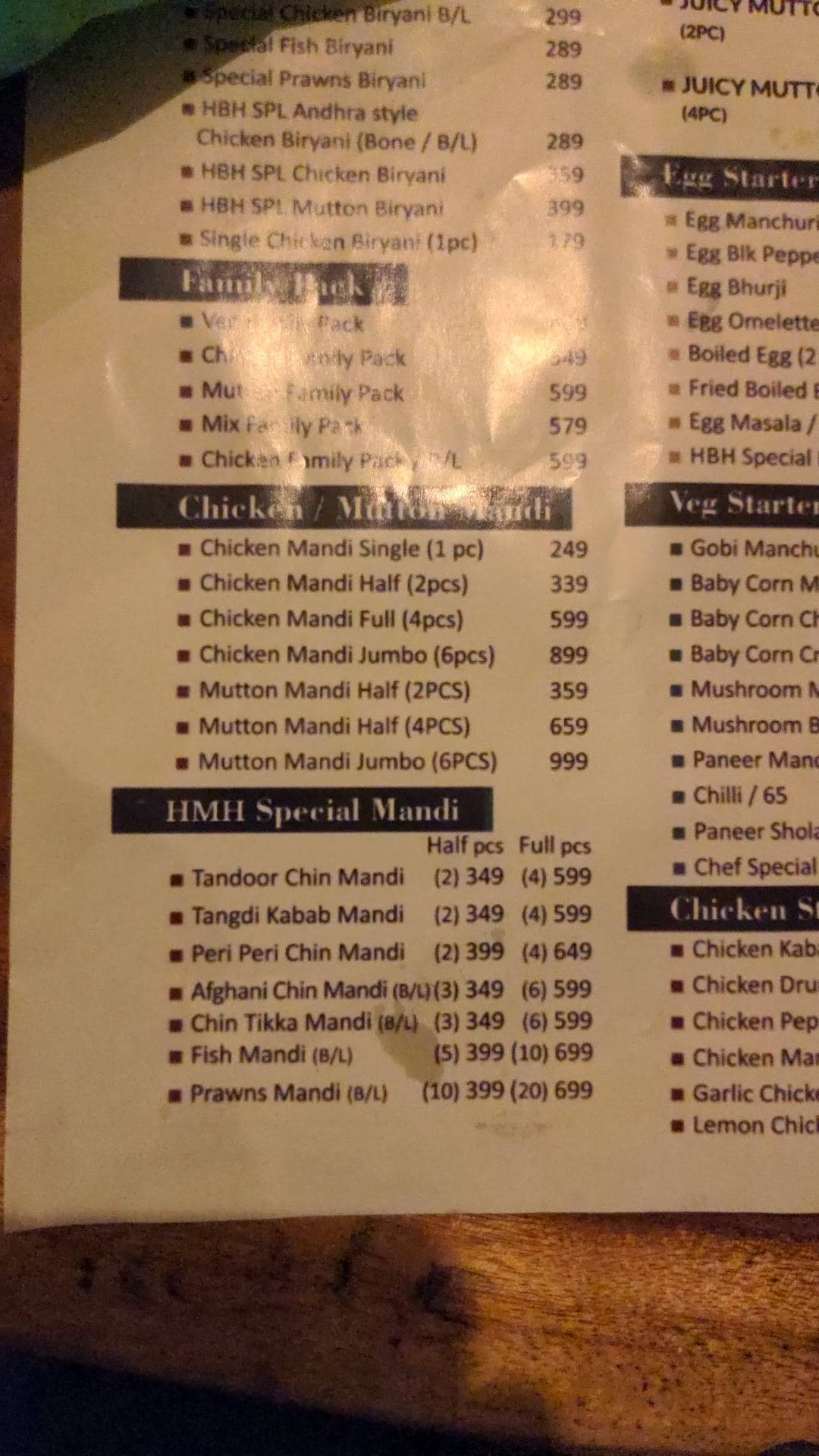 Menu at Hyderabad Mandi House, Bengaluru