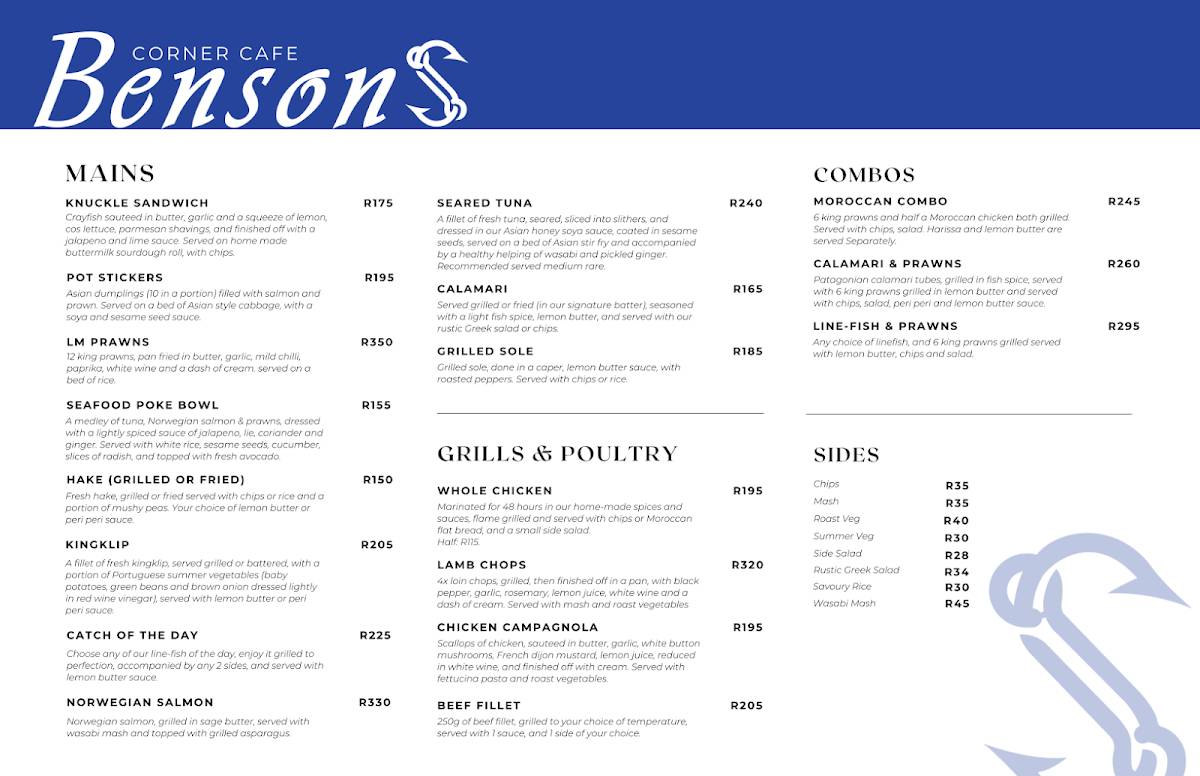 Menu at Bensons Restaurant, Durban