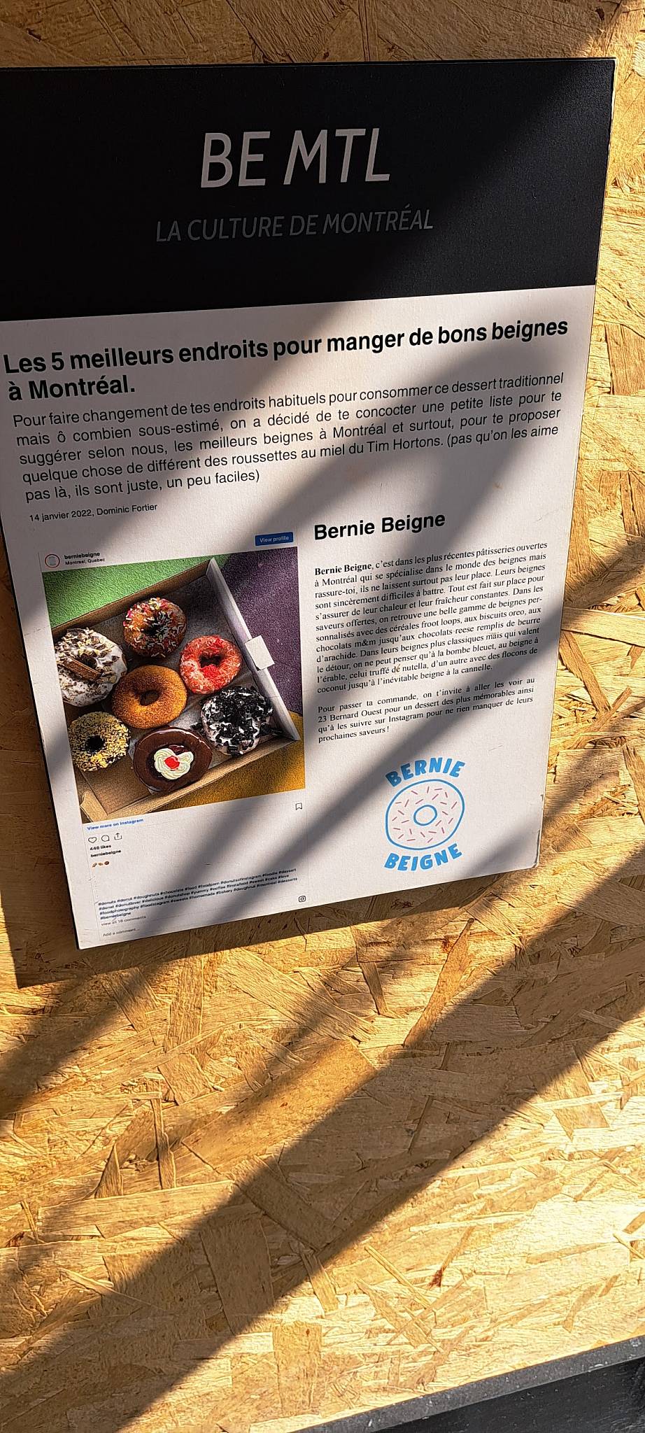 Menu at Bernie Beigne restaurant, Montréal, 23 Rue Bernard O