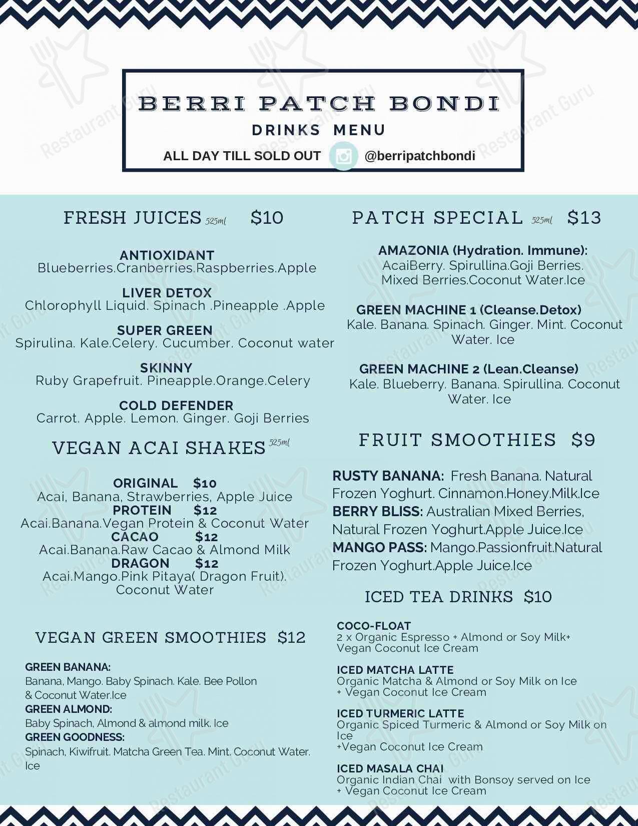 Menu at Berri Patch by The Coastal Walk cafe, Bondi Beach
