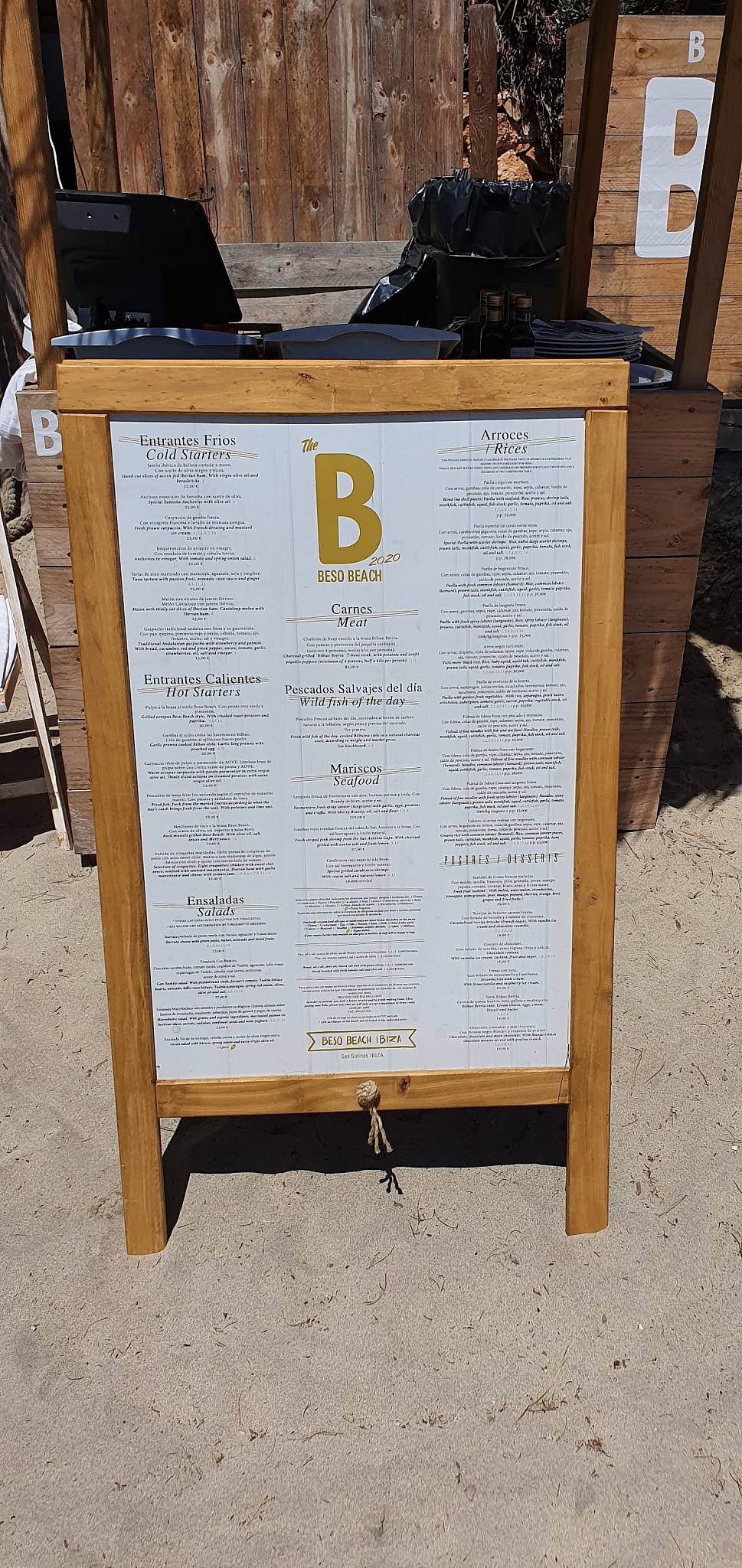 Menu at Beso Beach Ibiza restaurant, Formentera, Platja de ses Salines