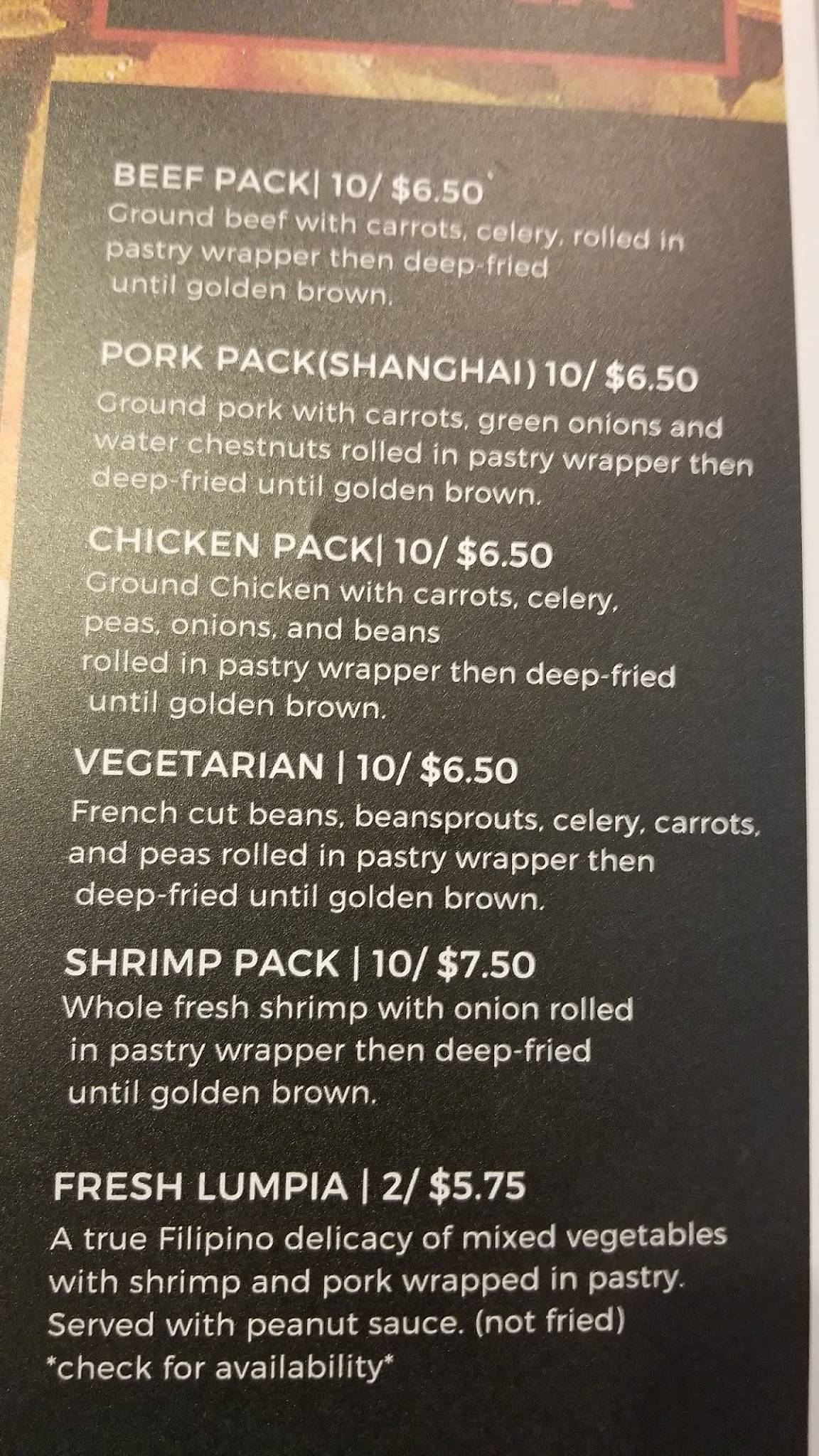 Menu at Best Lumpia BBQ, Stockton, Thornton Rd J