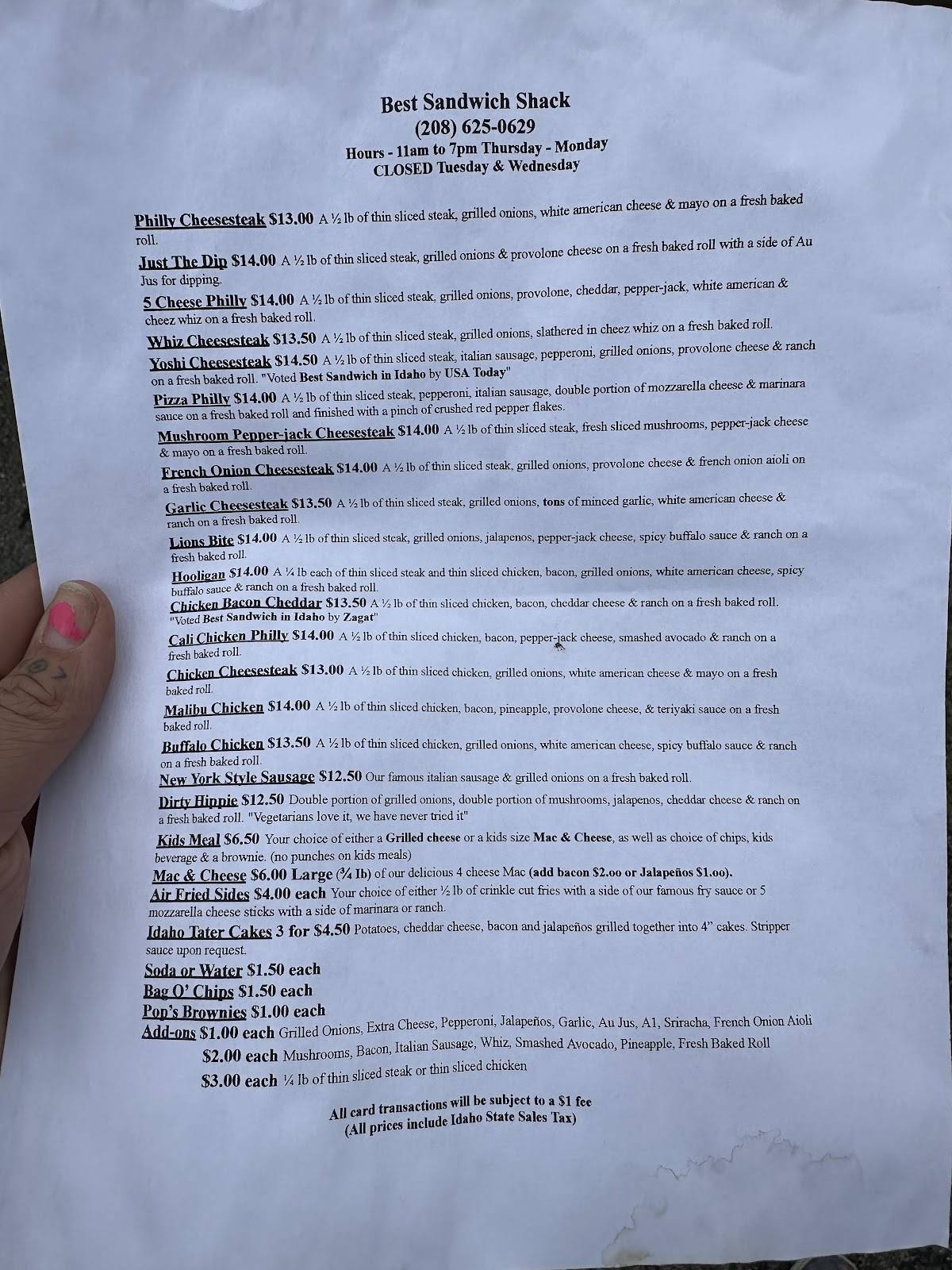Menu at Best Sandwich Shack restaurant, Coeur d'Alene, 518 E Best Ave