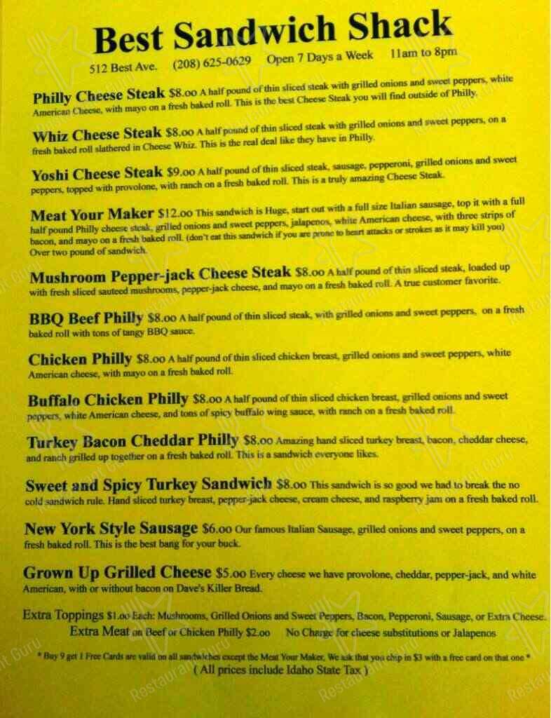 Menu at Best Sandwich Shack restaurant, Coeur d'Alene, 518 E Best Ave