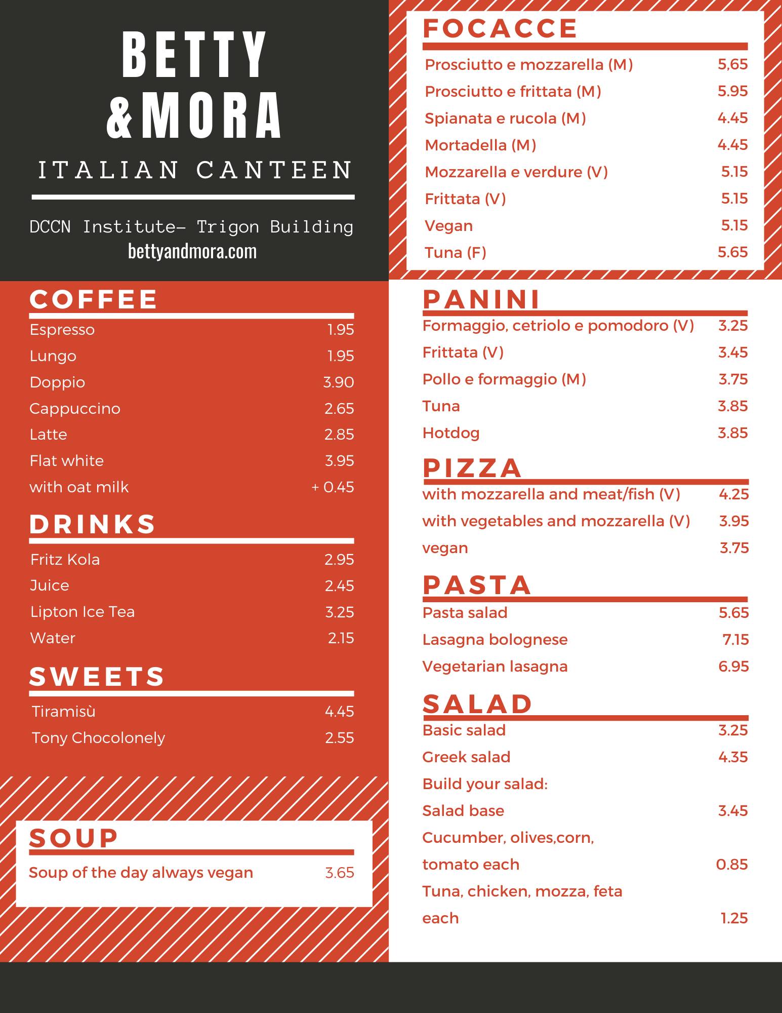 Menu at Betty & Mora restaurant, Nijmegen