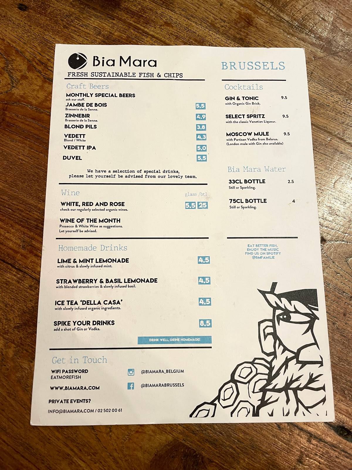 Menu at Bia Mara, Brussels, Rue du Marché aux Poulets 41