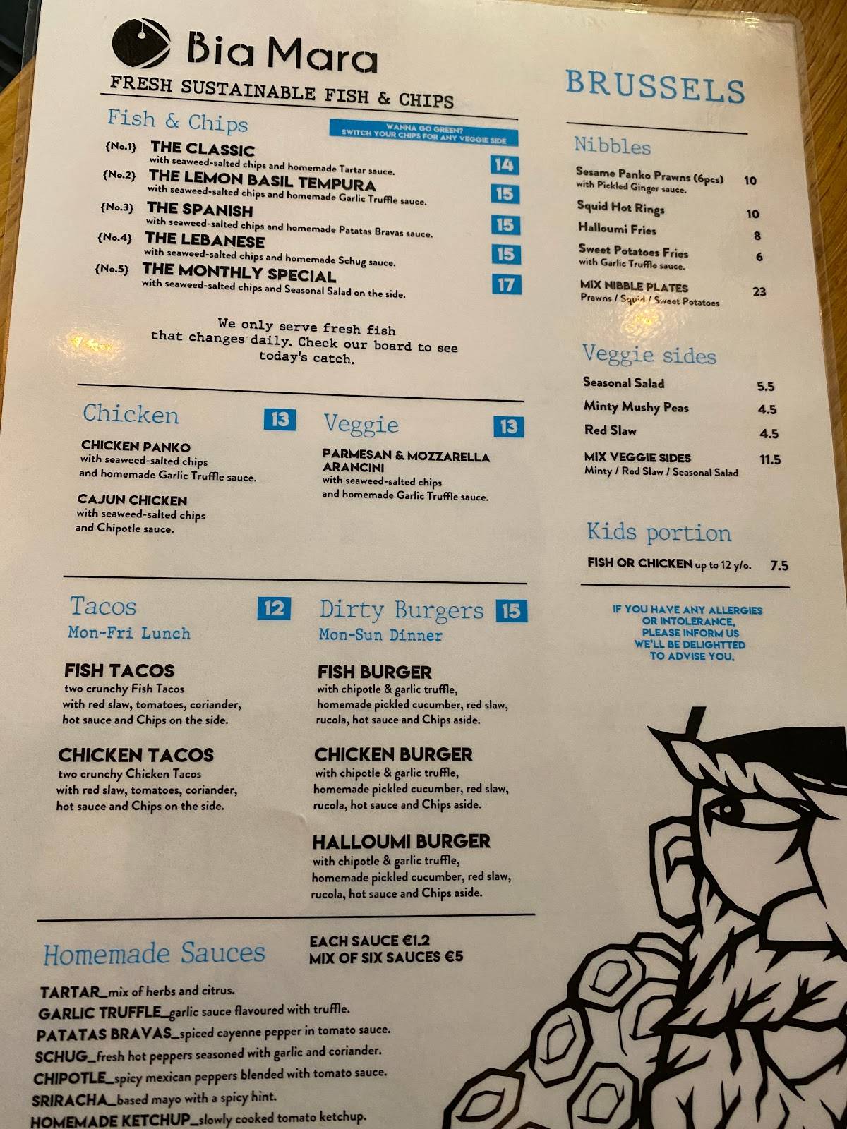 Menu at Bia Mara, Brussels, Rue du Marché aux Poulets 41