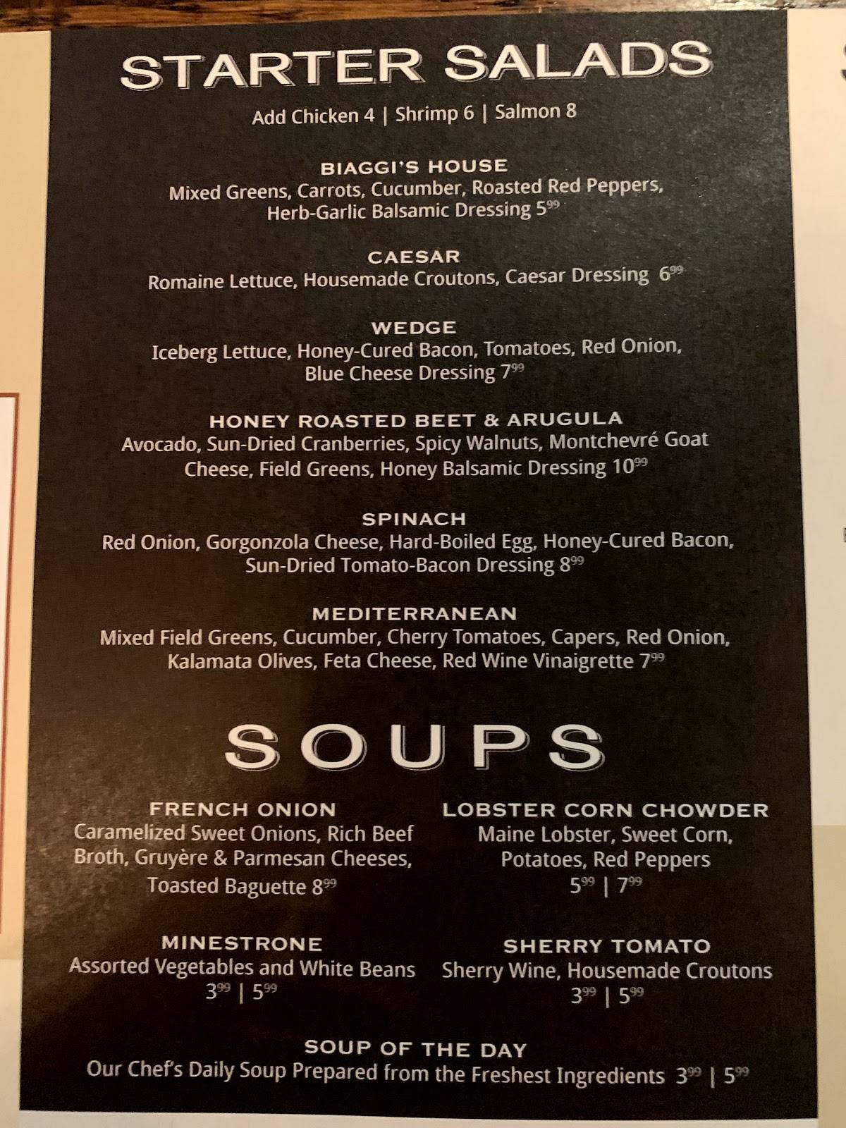 Menu at Biaggi's Ristorante Italiano restaurant, West Des Moines
