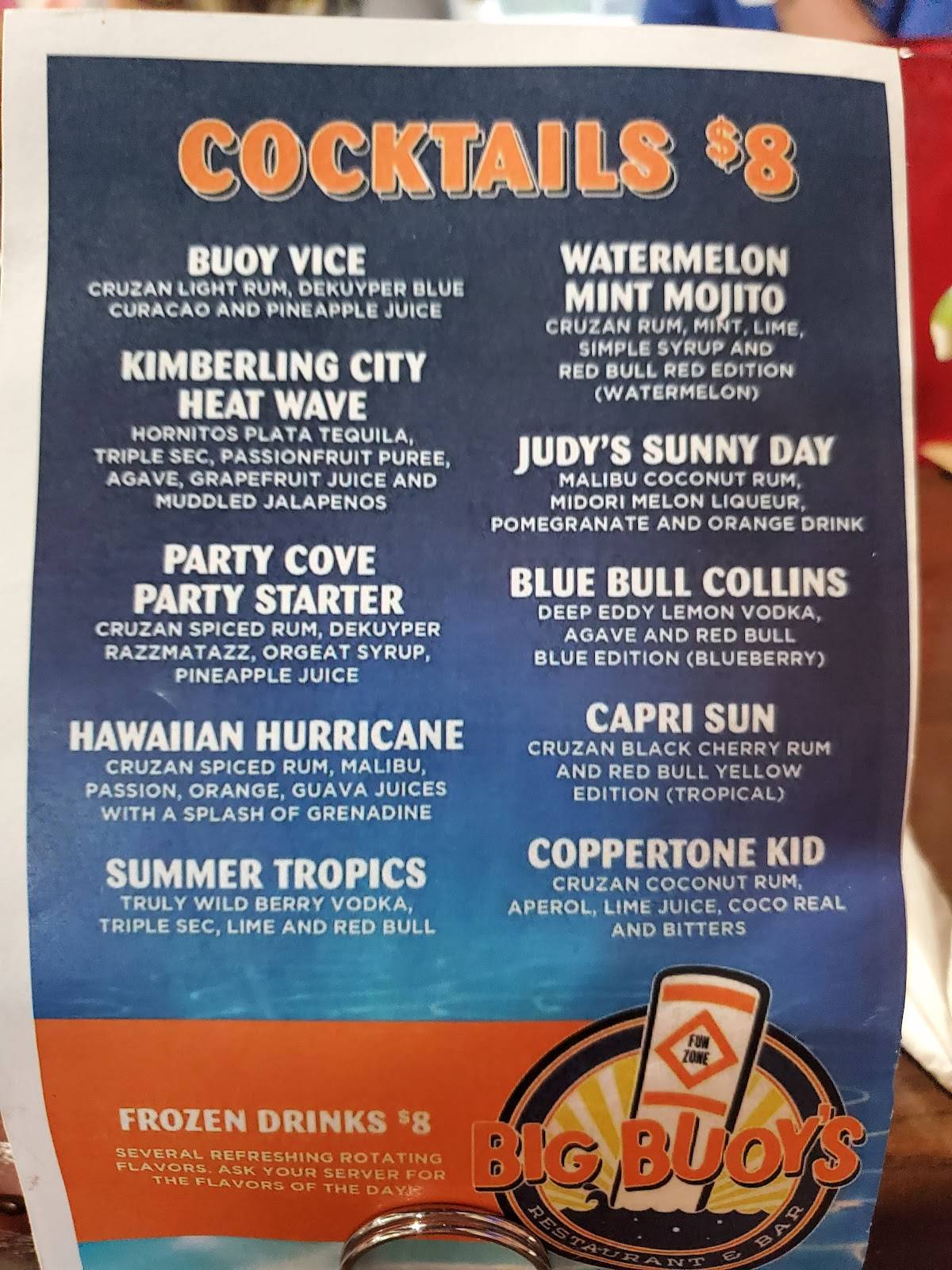 Menu at Big Buoy's LLC pub & bar, Kimberling City