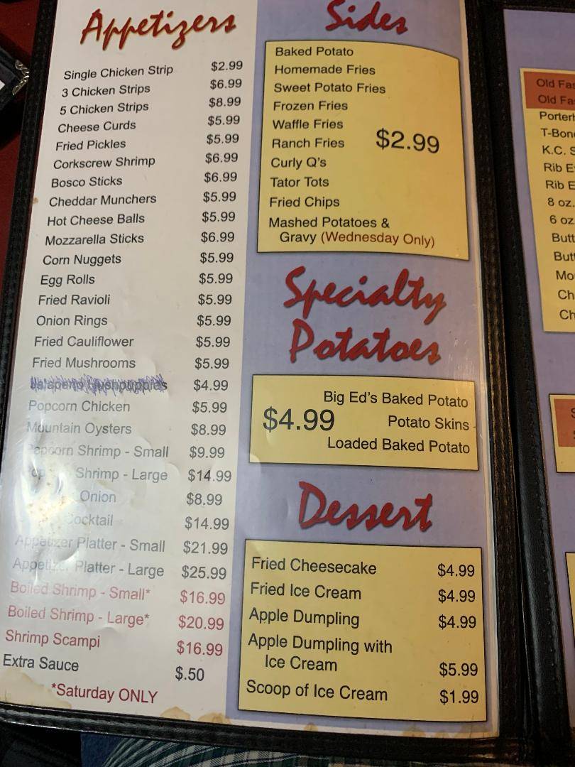 Menu at Big Ed's Steak House steakhouse, Thayer, 611 N Galveston St