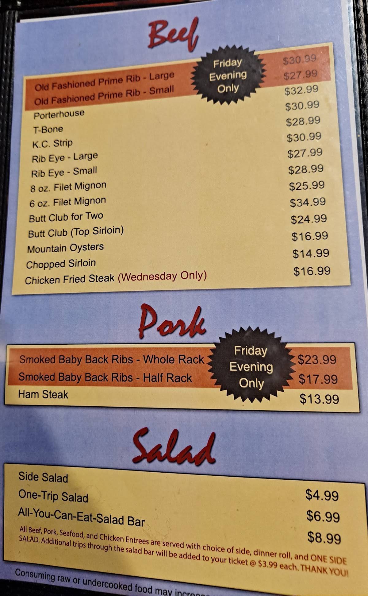 Menu at Big Ed's Steak House steakhouse, Thayer, 611 N Galveston St