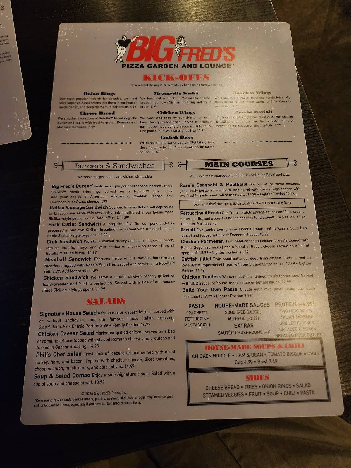 Menu at Big Fred's Pizza Garden & Lounge pizzeria, Omaha