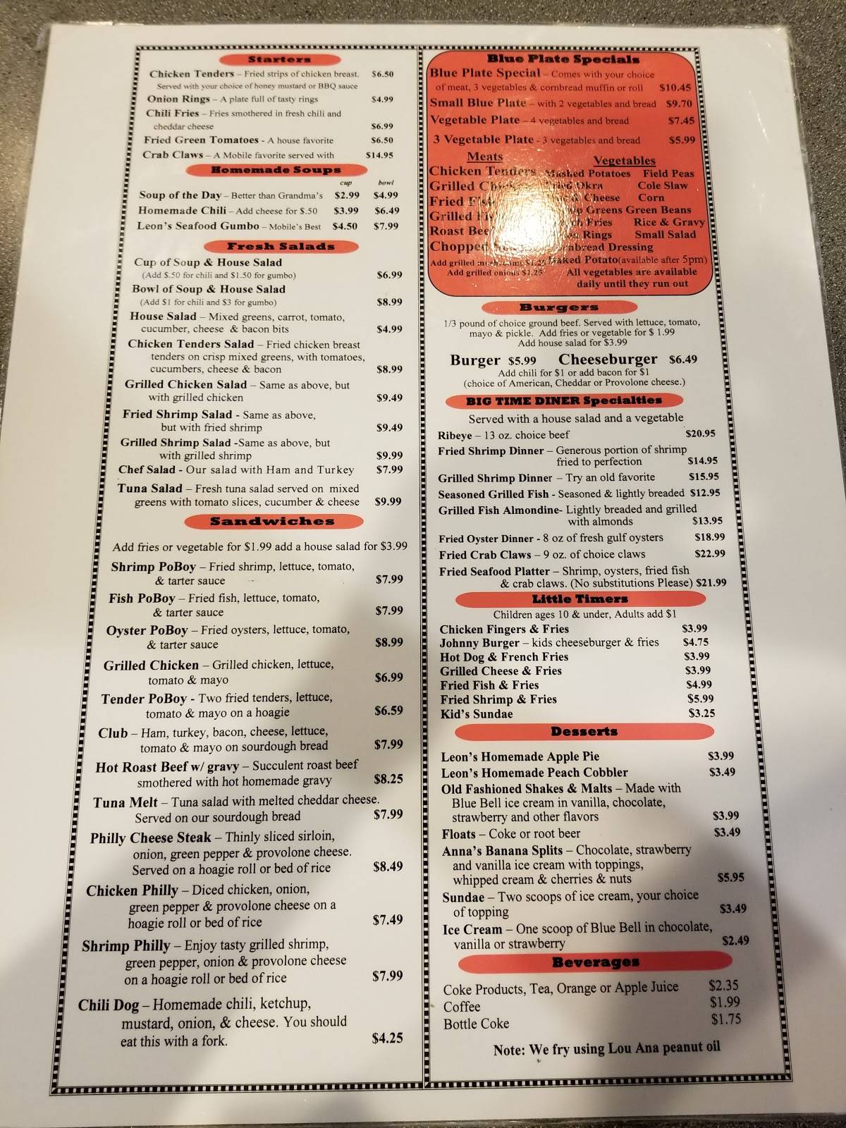 Menu at Big Time Diner restaurant, Mobile