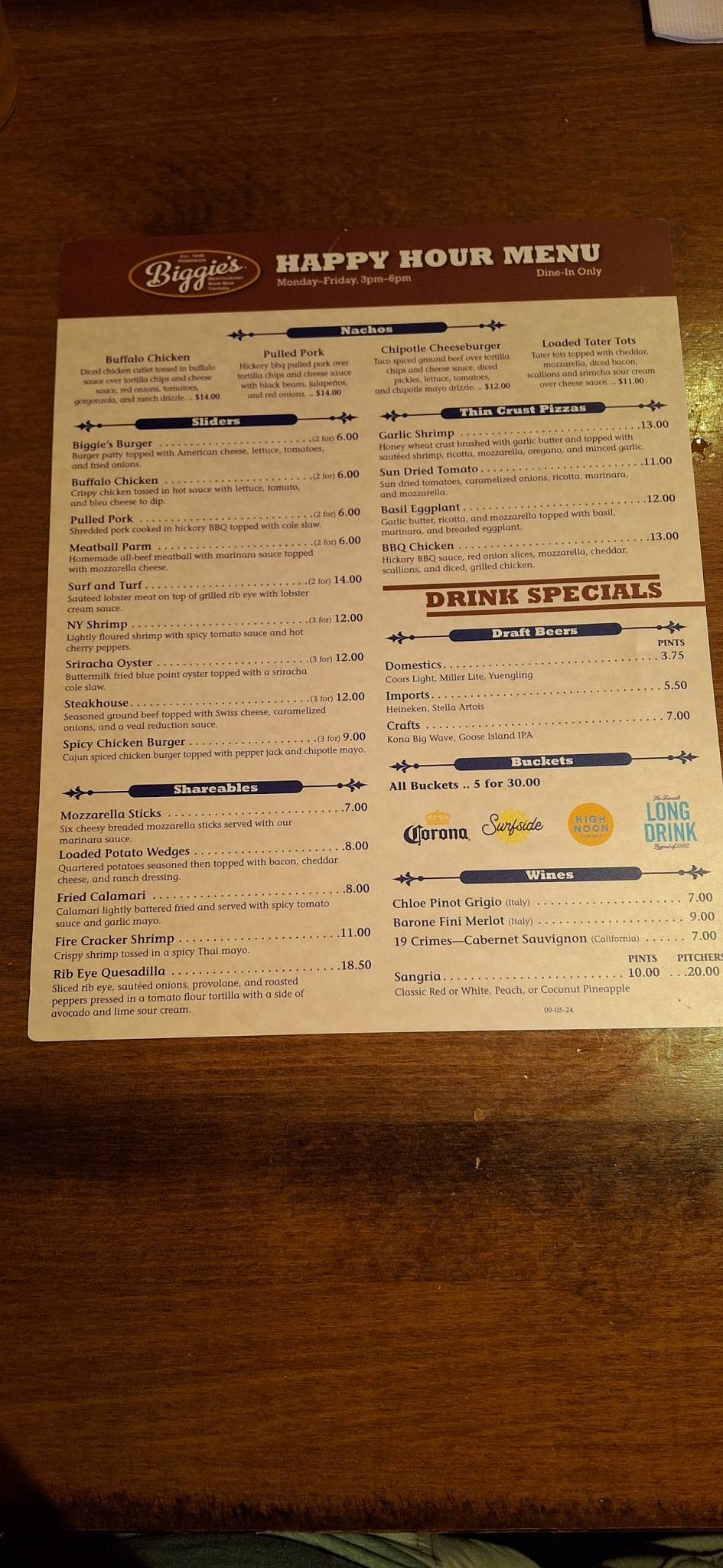 Menu at Biggie's pub & bar, Carlstadt
