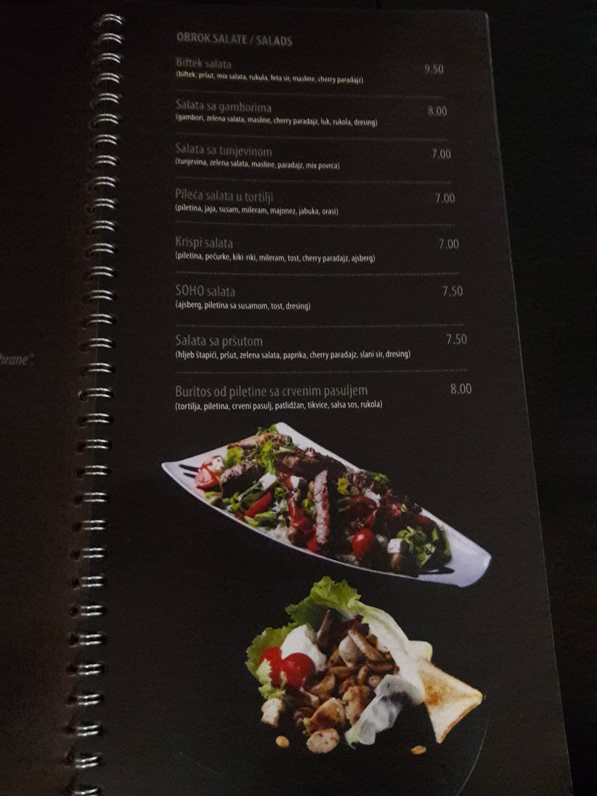 Menu at Soho restaurant, Bijeljina