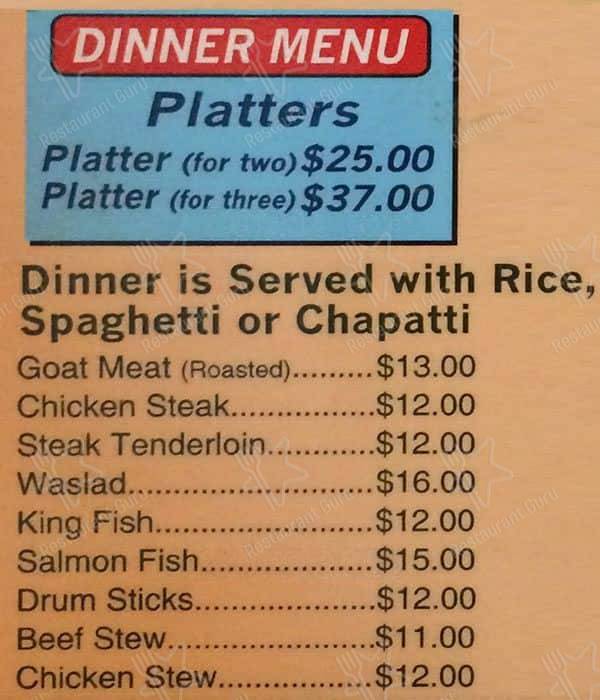Menu at Bilal Restaurant Somali Cuisine, Toronto