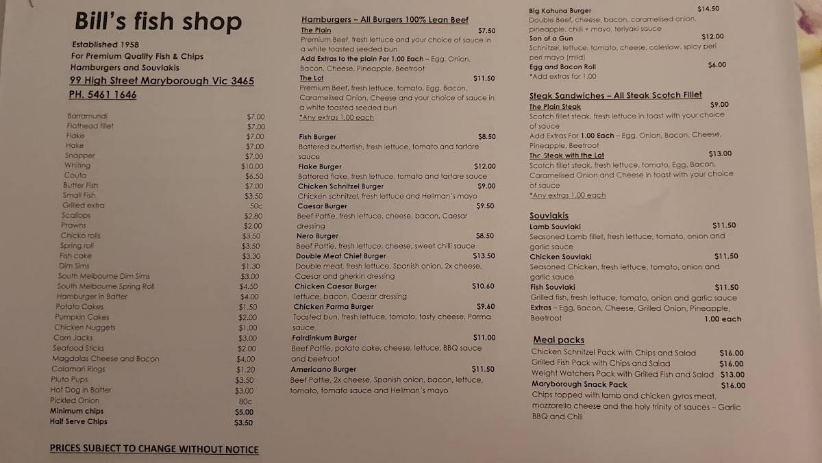 Menu at Bills Fish Shop fast food, Maryborough