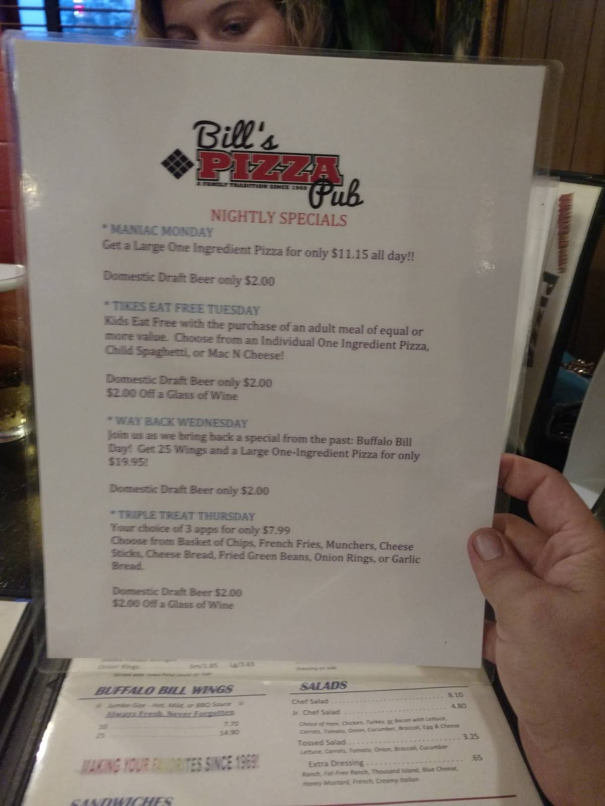 Menu at Bill's Pizza Pub, Greensboro, Randleman Rd