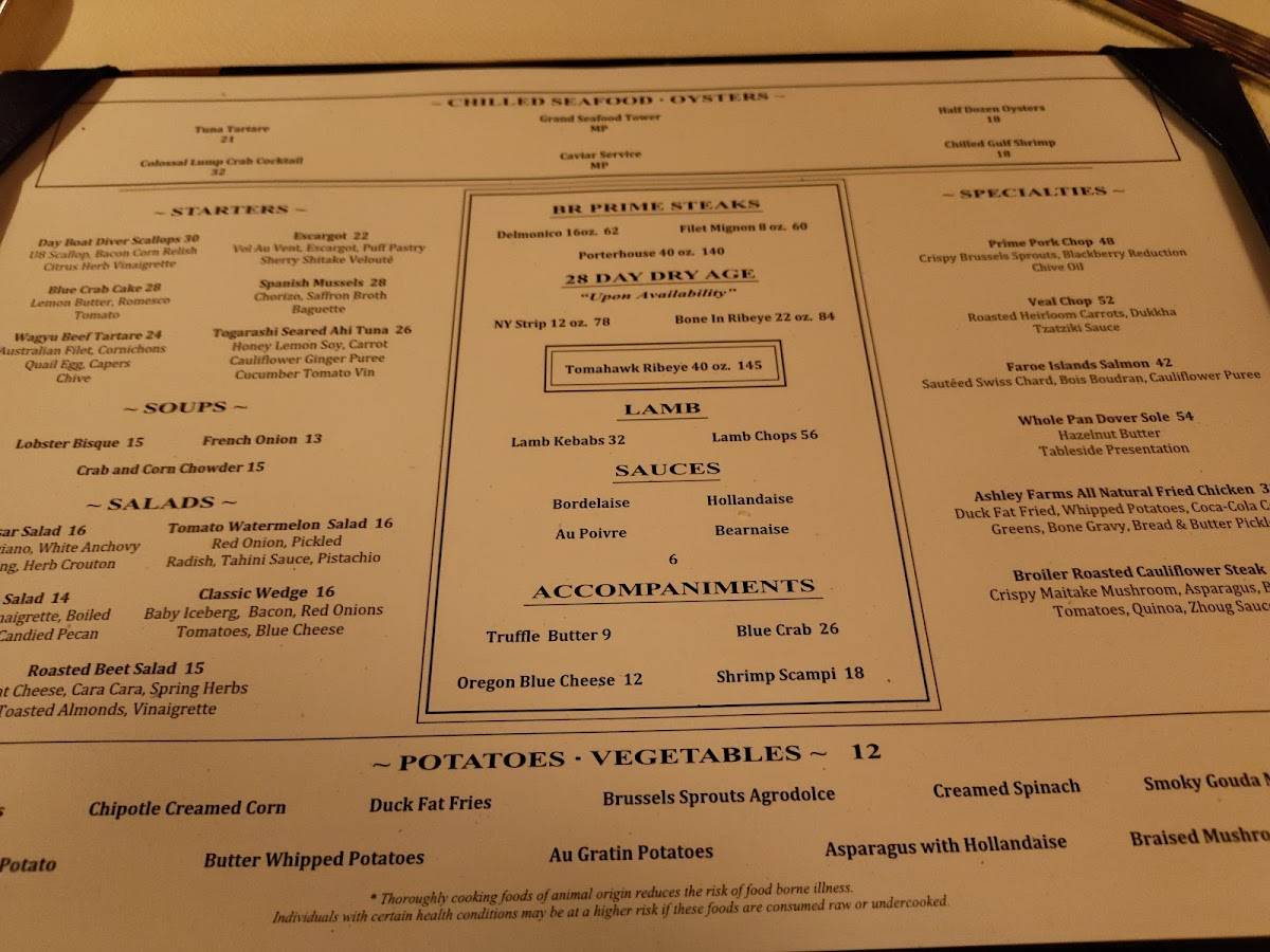 Menu at BR Prime steakhouse, Biloxi, 875 Beach Boulevard