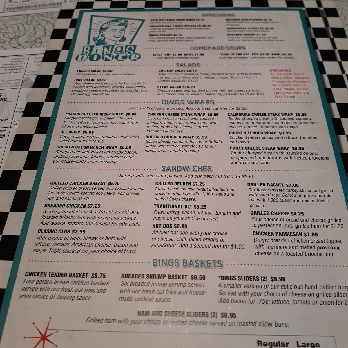 Menu at Bing's Diner restaurant, Burnham