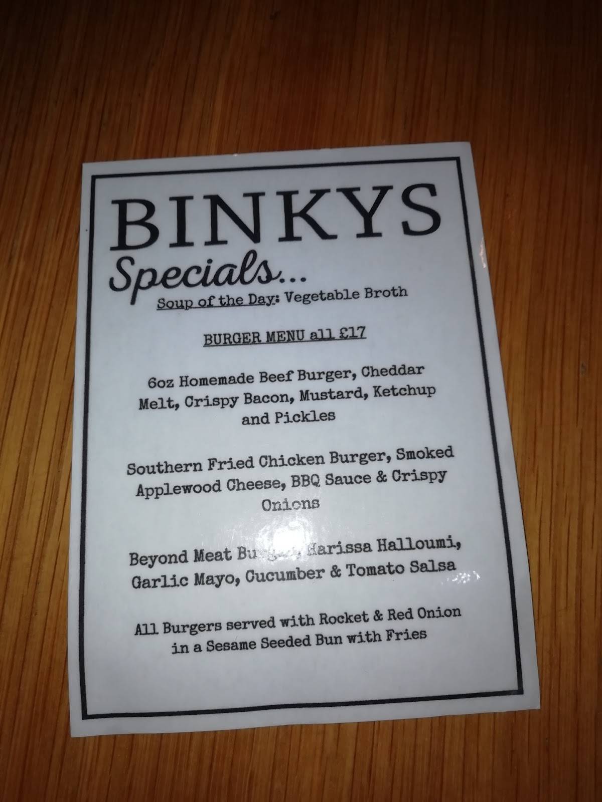 Menu at Binkys Belmont cafe, Belfast