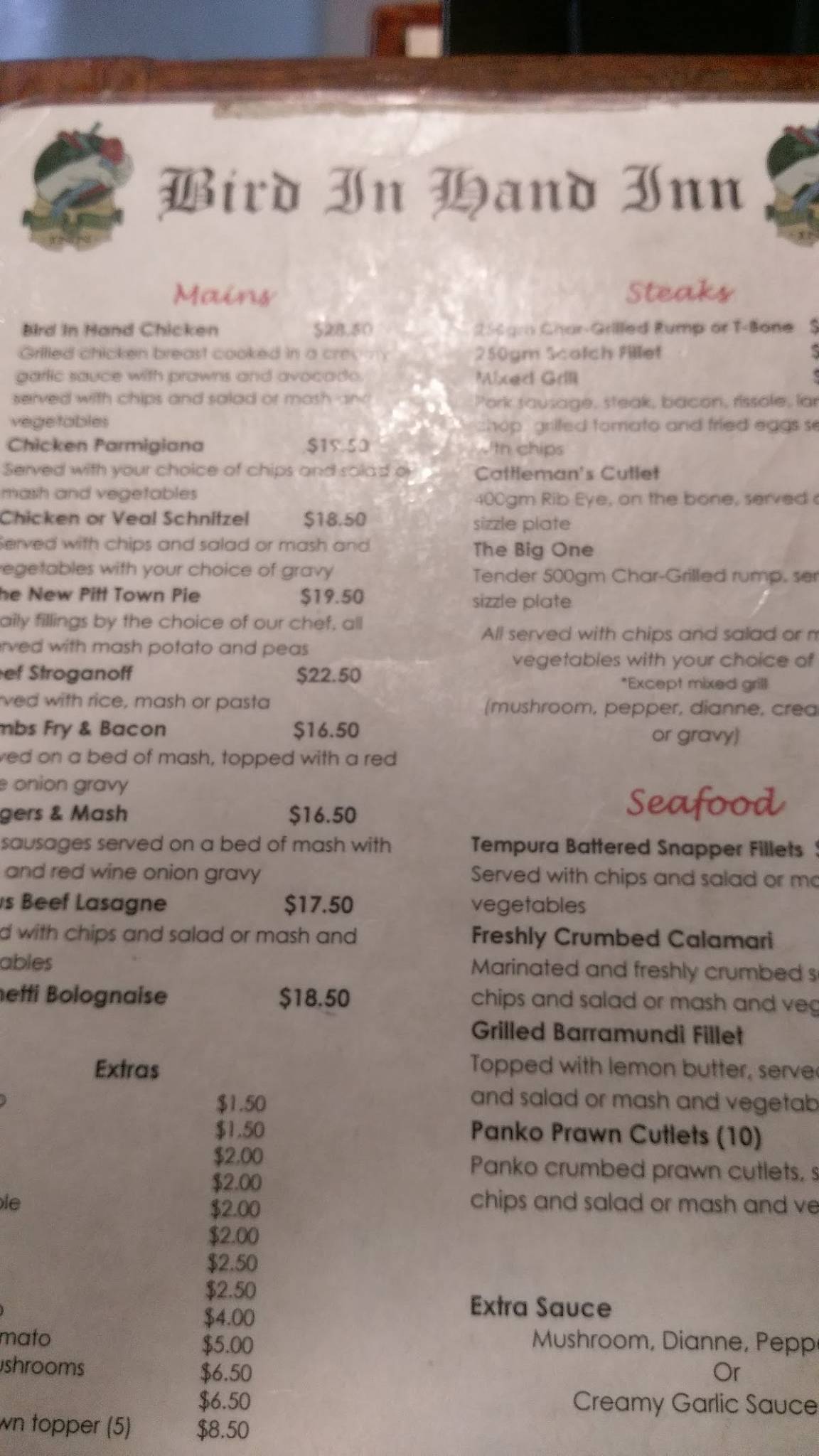 Menu at Bird In The Hand Inn pub & bar, Pitt Town
