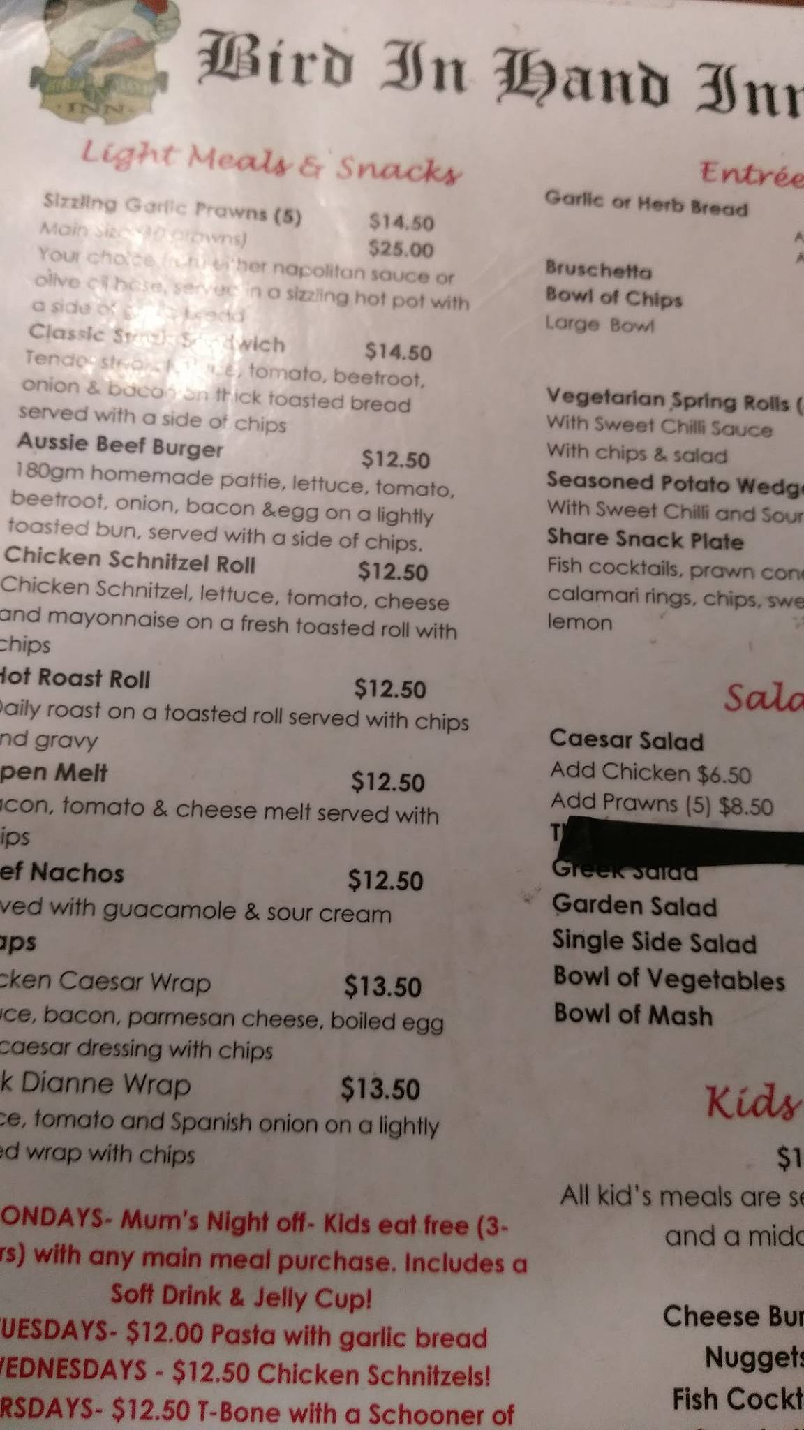 Menu at Bird In The Hand Inn pub & bar, Pitt Town