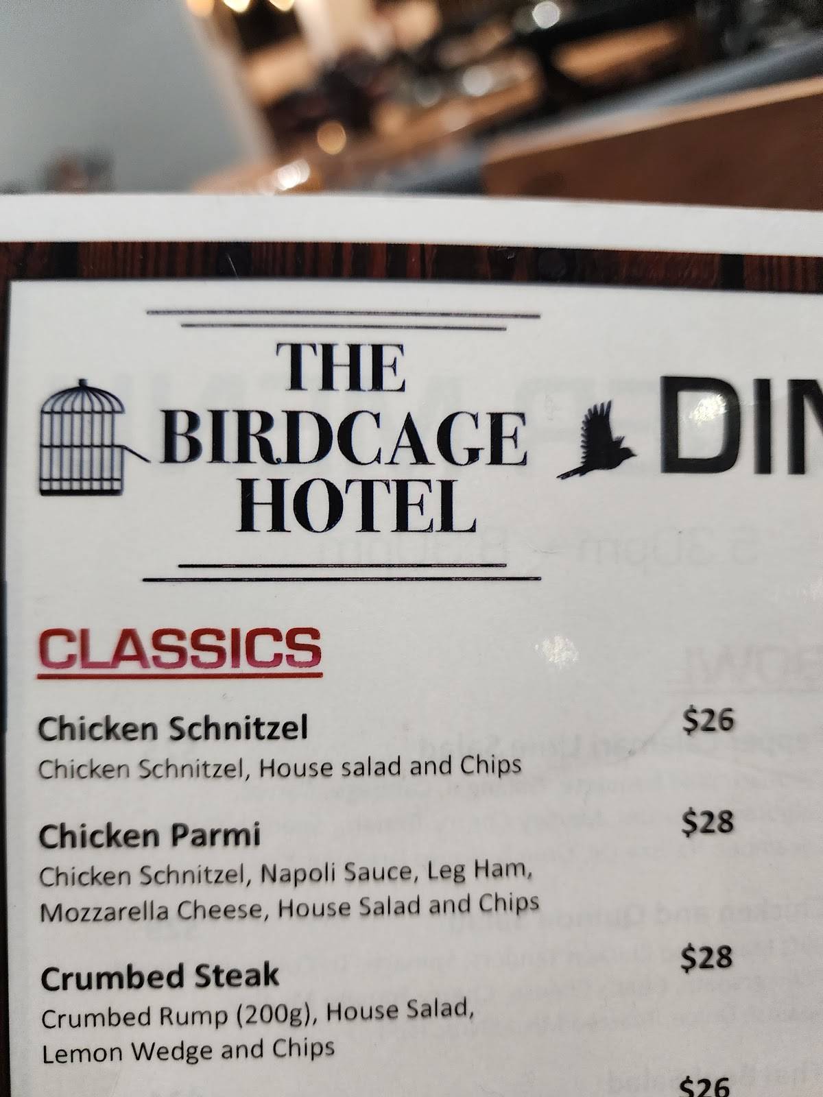 Menu at Birdcage Hotel pub & bar, Longreach