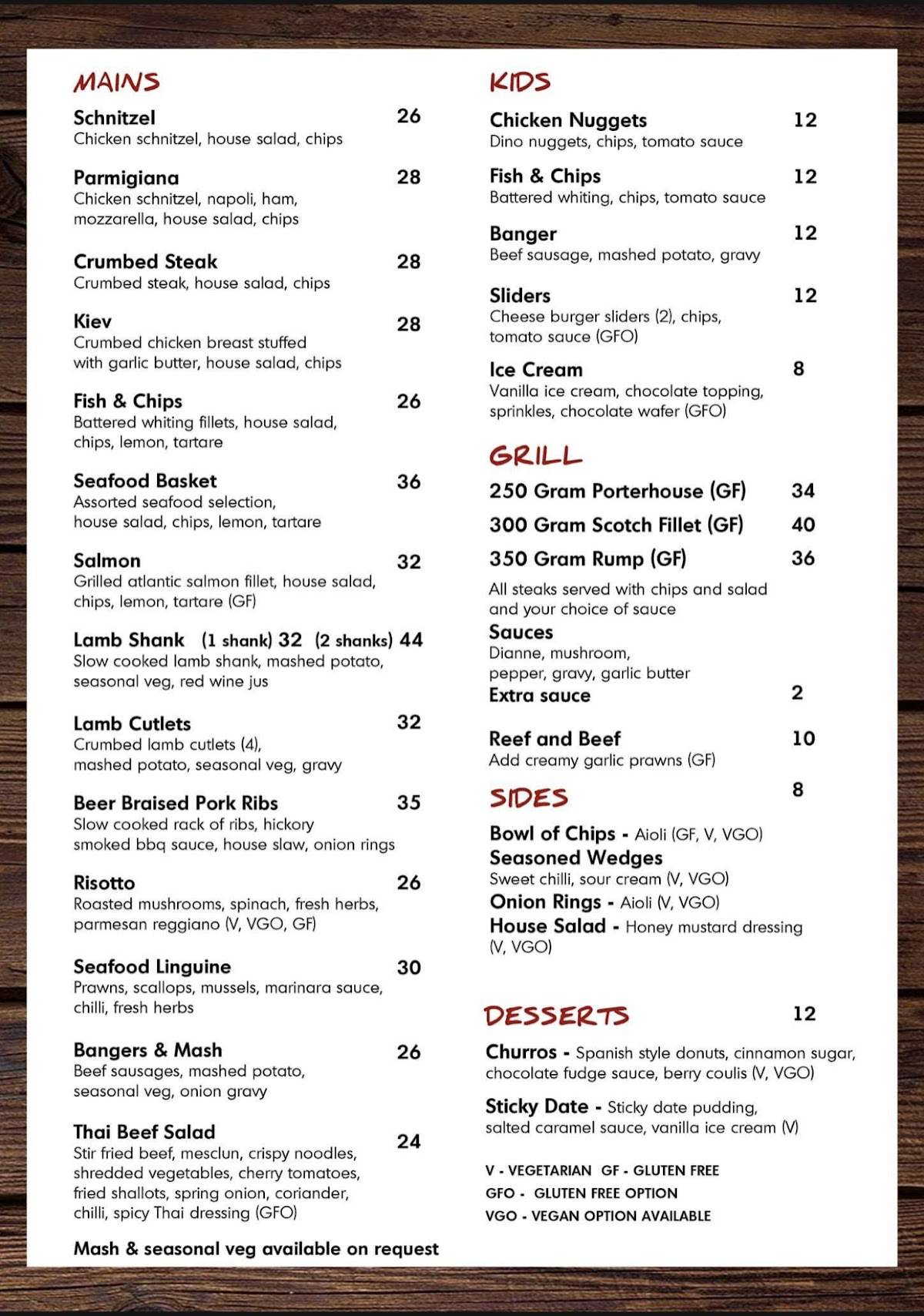 Menu at Birdcage Hotel pub & bar, Longreach