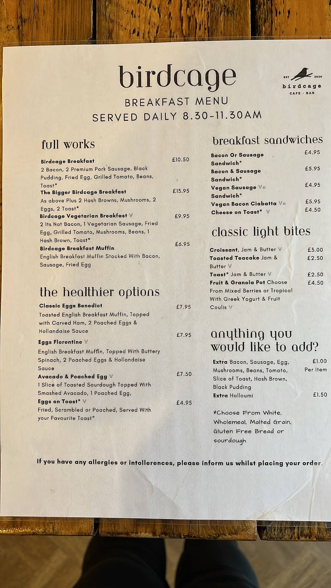 Menu at Birdcage at Derby road pub & bar, Chesterfield