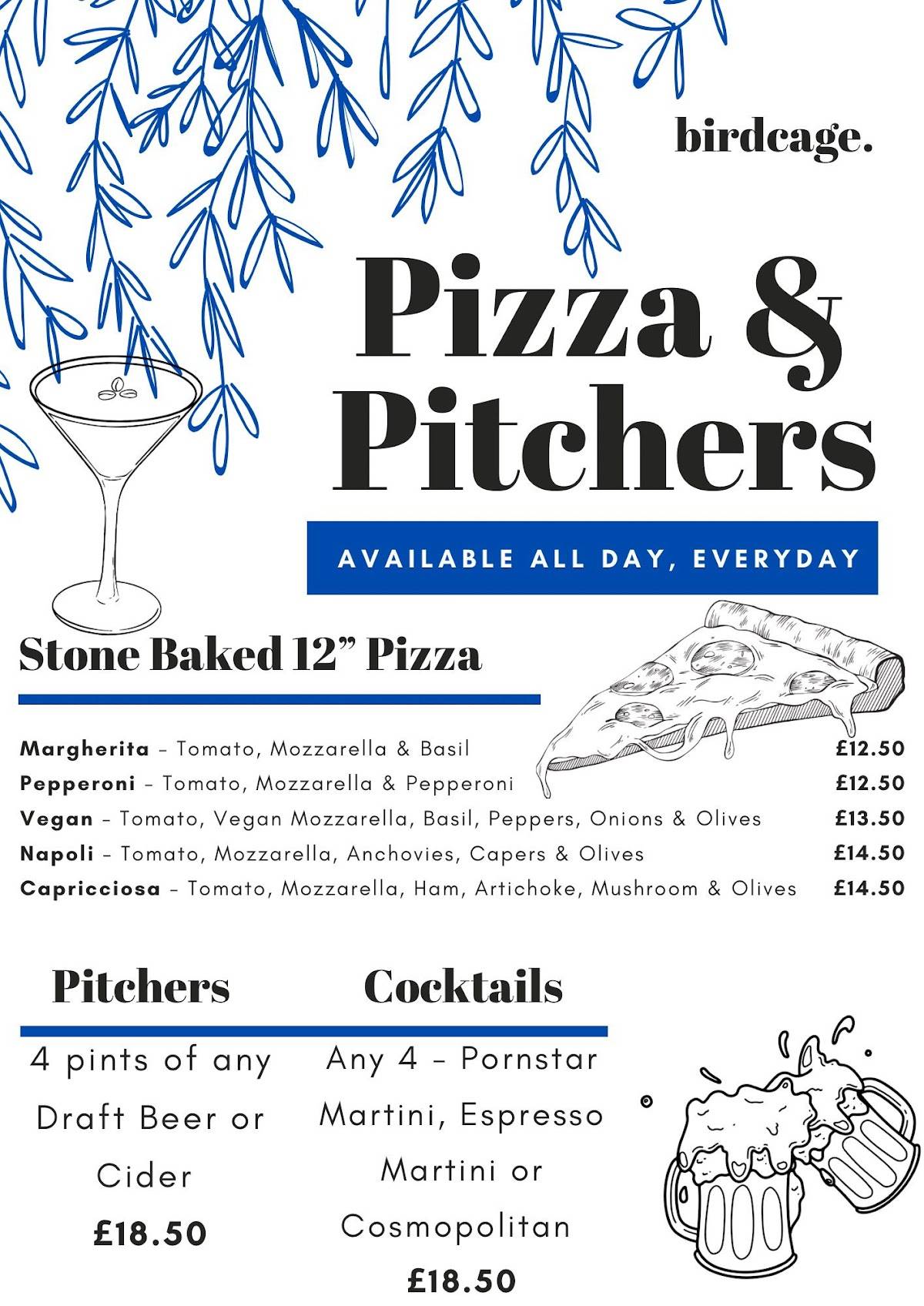 Menu at Birdcage at Derby road pub & bar, Chesterfield