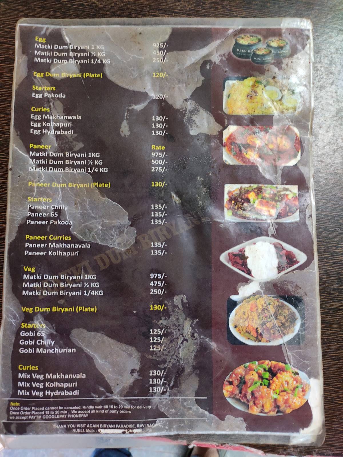 Menu at Biriyani House Paradise Matki Dum Biryani, Hubballi