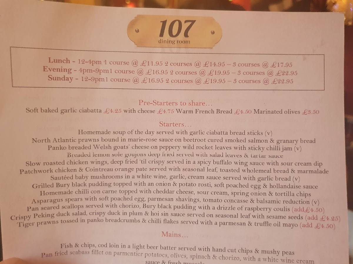 Menu at 107 Dining Room restaurant, Heswall