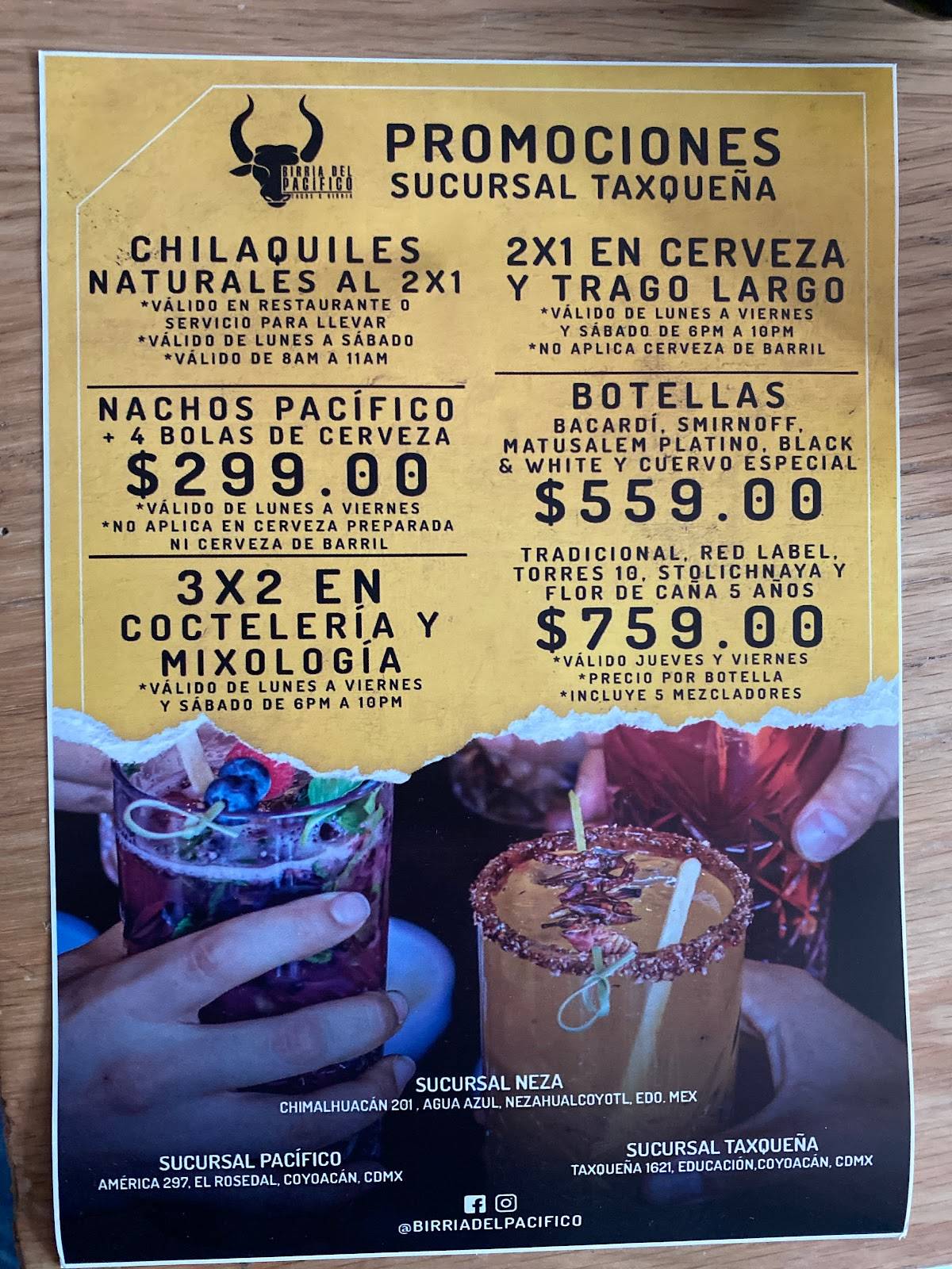 Carta del restaurante Birria del Pacifico Taxqueña, Ciudad del México
