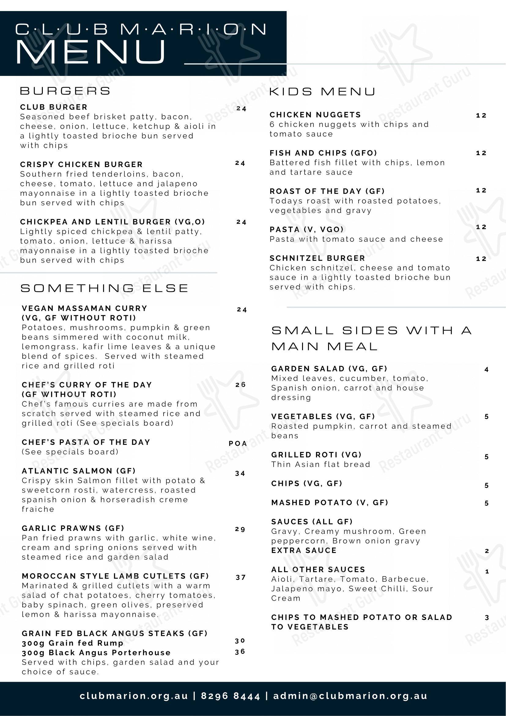 Menu at Bistro 262, Club Marion, Marion