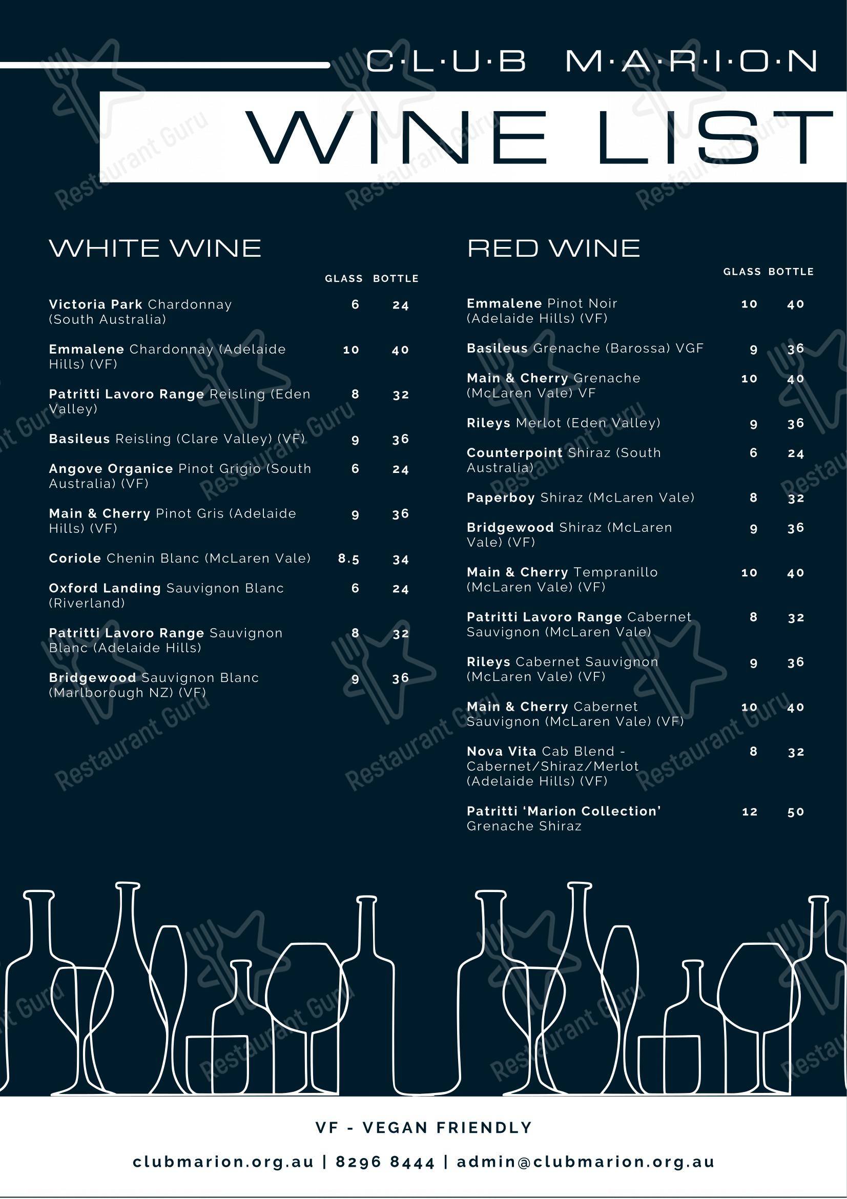 Menu at Bistro 262, Club Marion, Marion