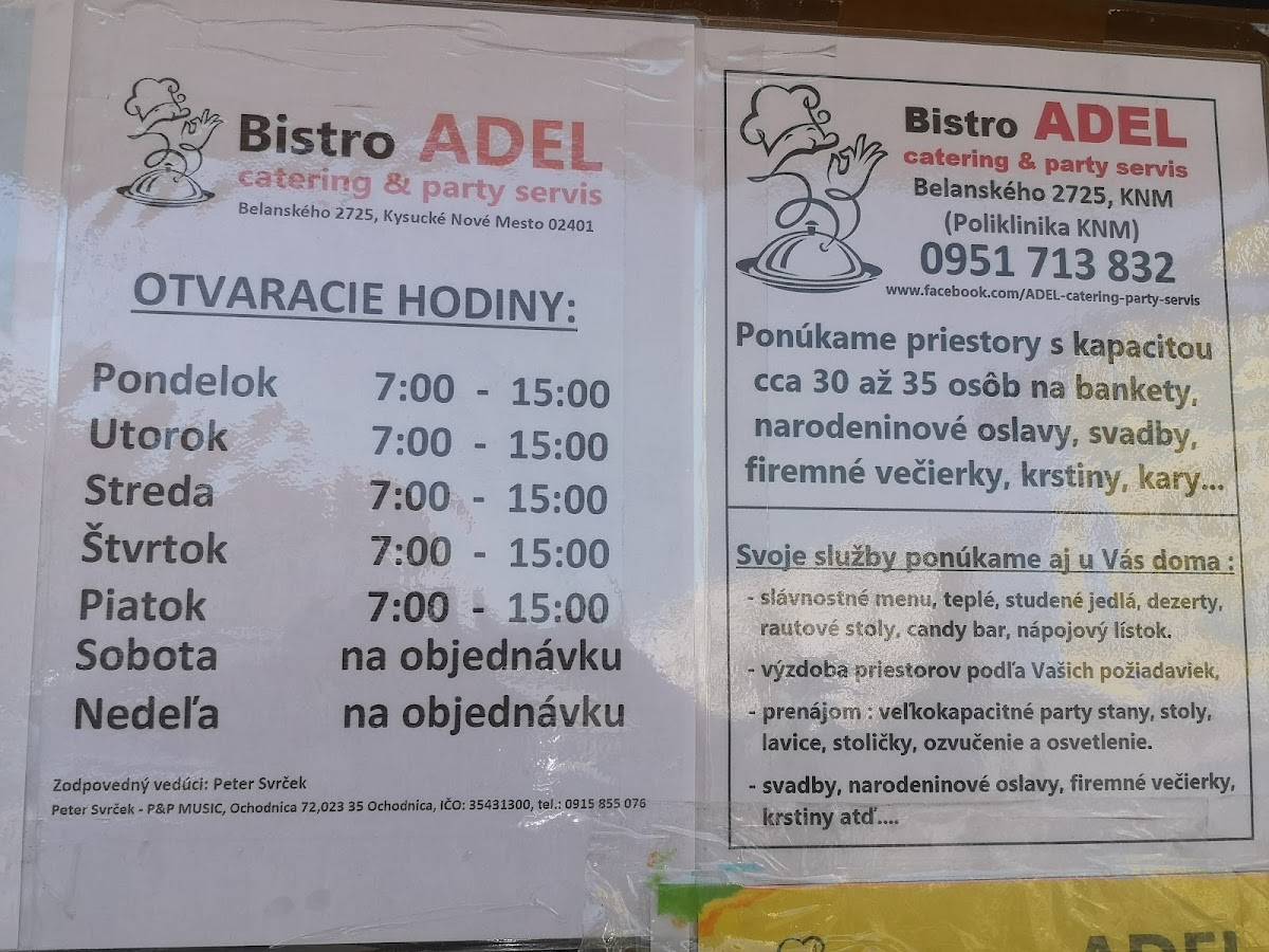 Menu at Bistro Adel restaurant, Kysucké Nové Mesto