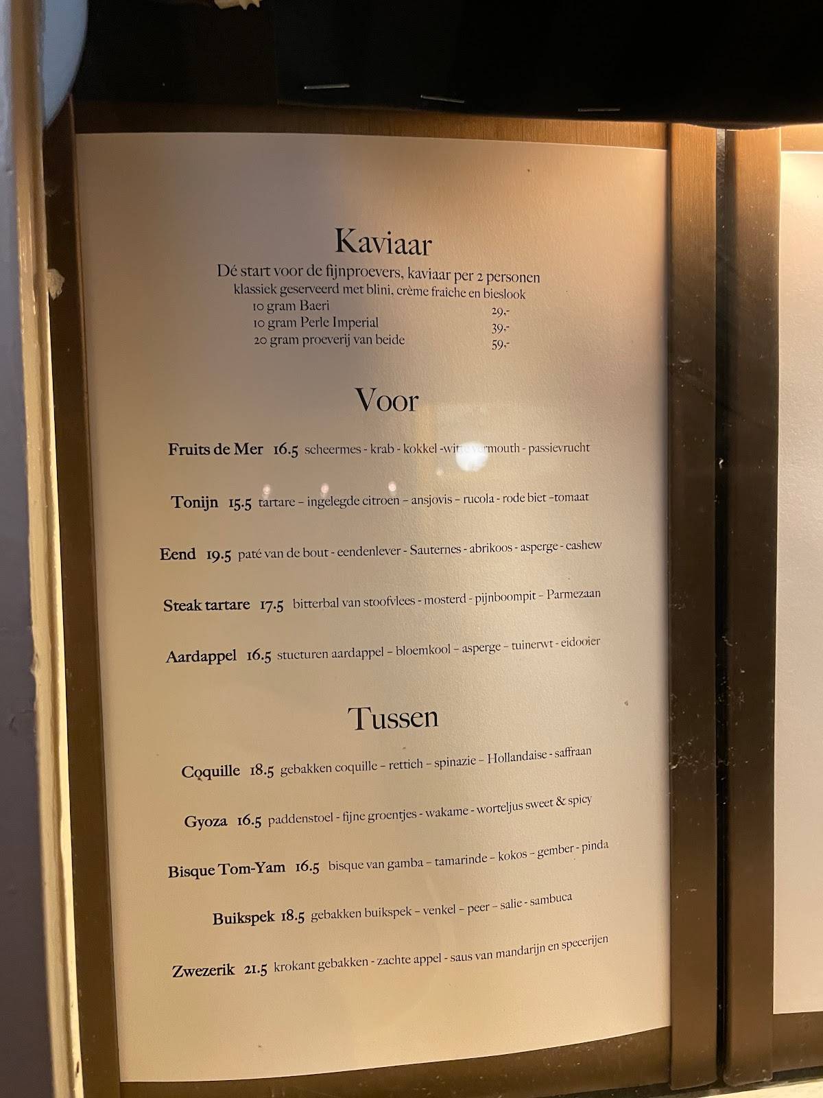 Menu at Bistro La Cloche, Leiden, Kloksteeg 3