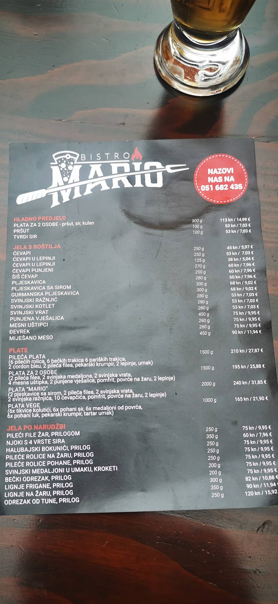 Menu at Bistro Mario restaurant, Marinići