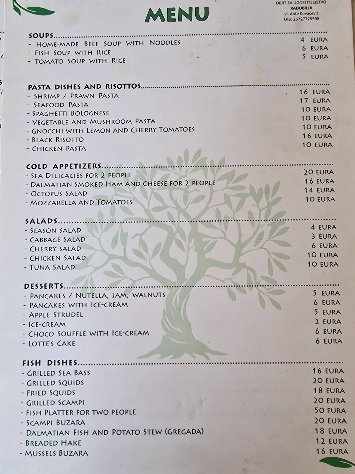 Menu at Bistro Maslina restaurant, Omiš